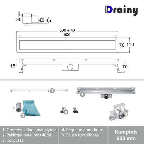 Kampinis dušo latakas Drainy su įklijuojama plytele, 600 mm. Jupoja ...